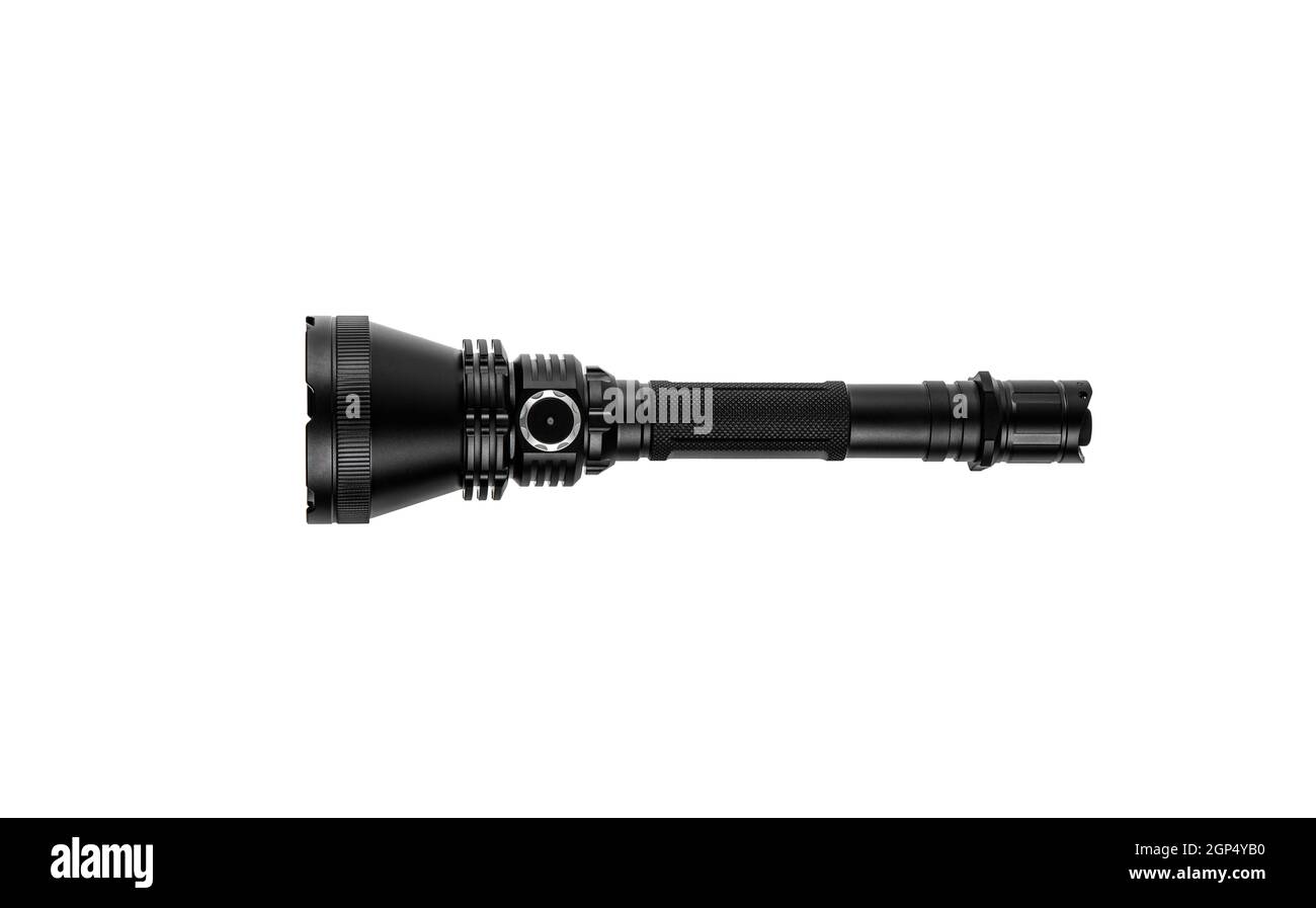 Modern metal LED flashlight in black color. Portable flashlight isolate ...