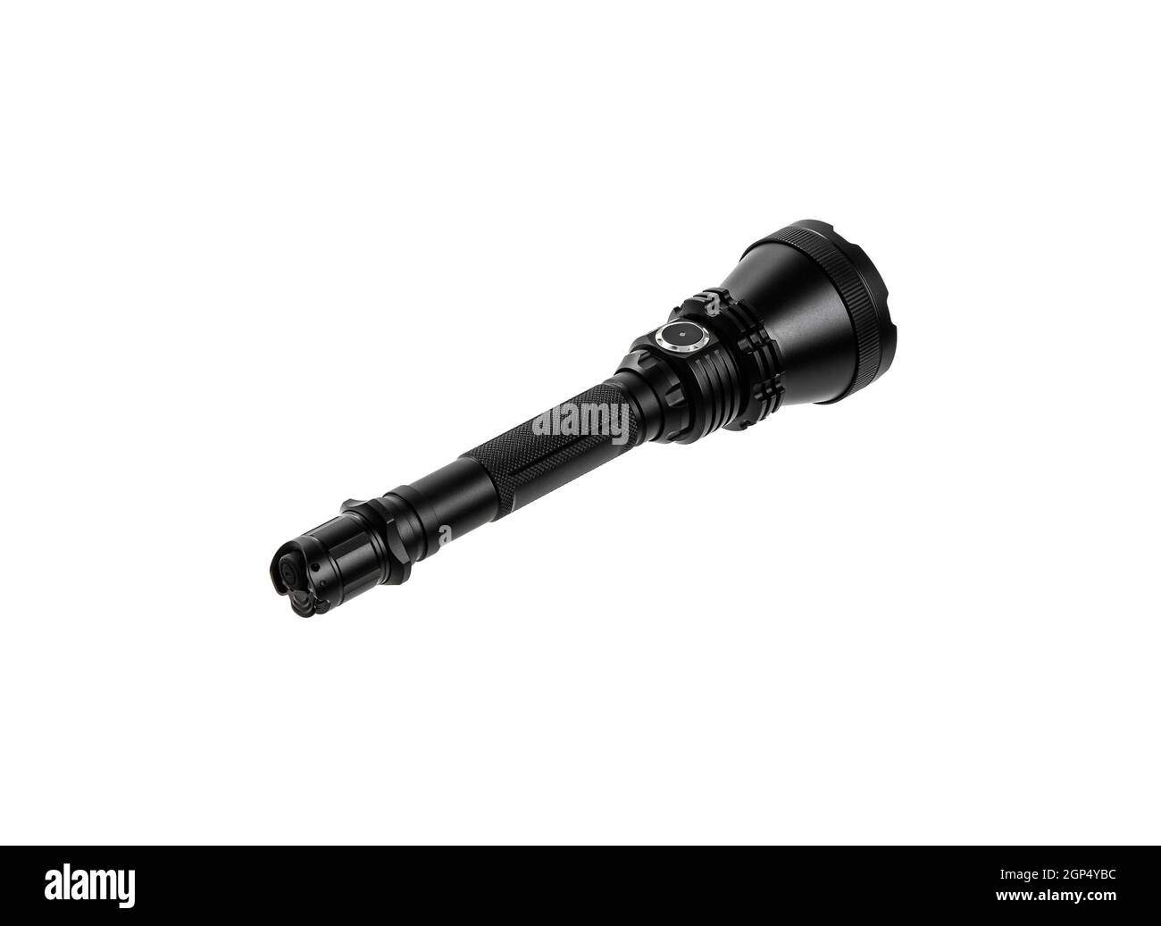 Modern metal LED flashlight in black color. Portable flashlight isolate ...