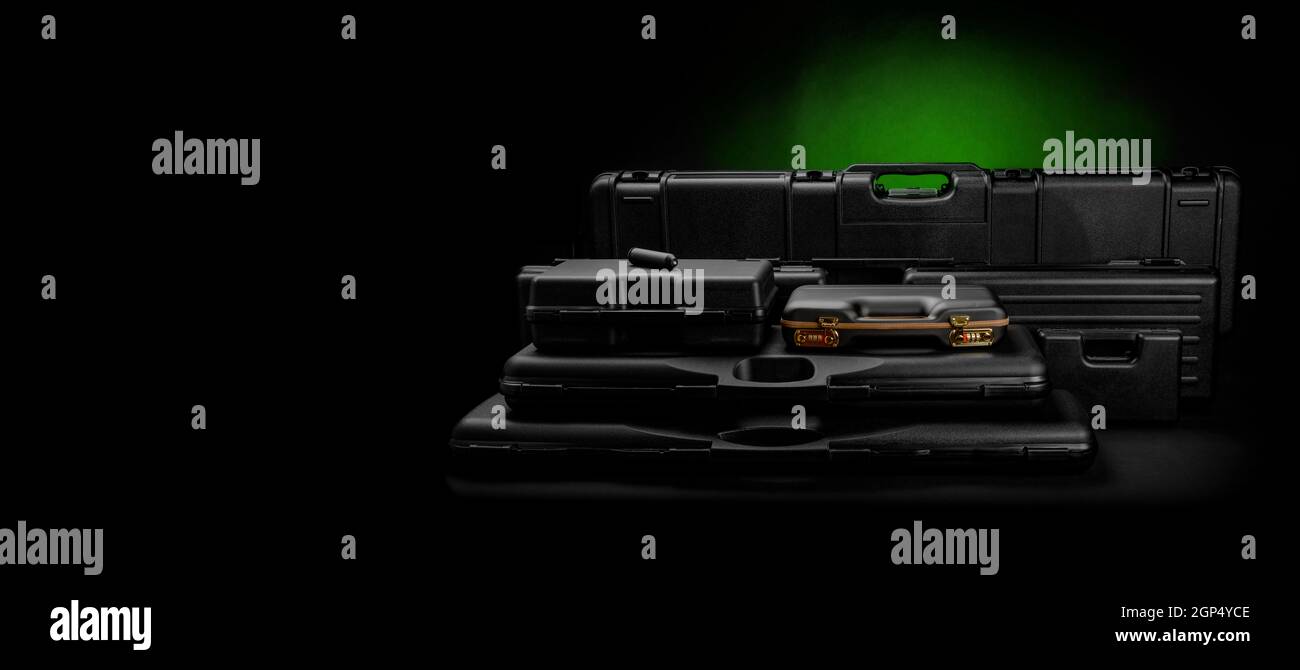 A variety of plastic cases for weapons. Strong containers for storing ...