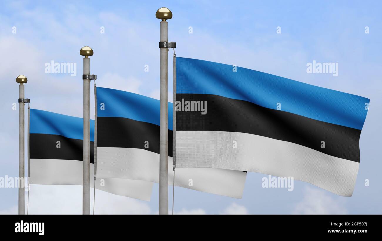3D, Estonian flag waving on wind with blue sky and clouds. Close up of ...