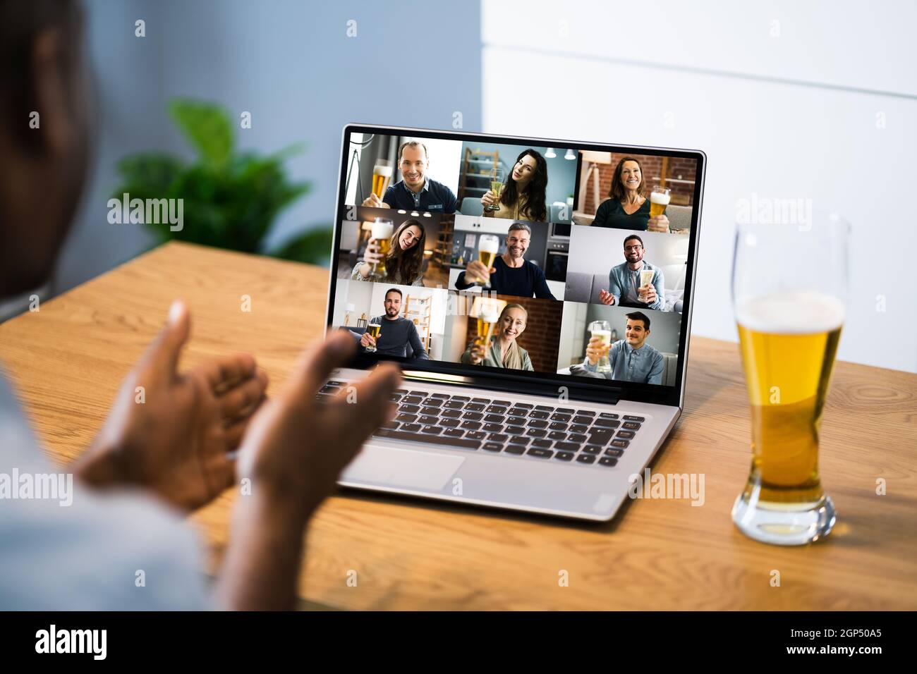 African American Online Video Conference Call Beer Toast Stock Photo ...