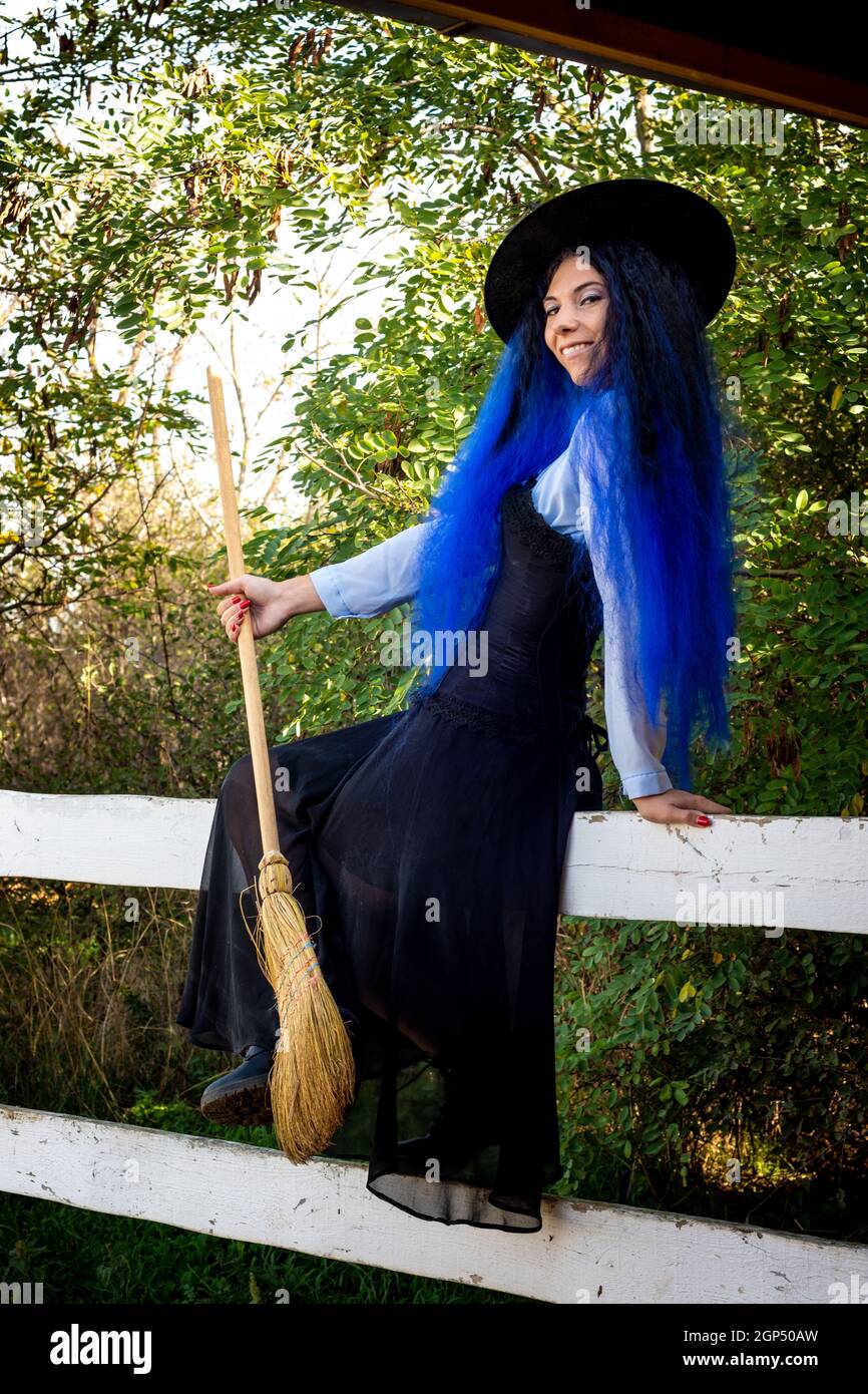 Halloween witch sitting on a fence with a broom Stock Photo - Alamy