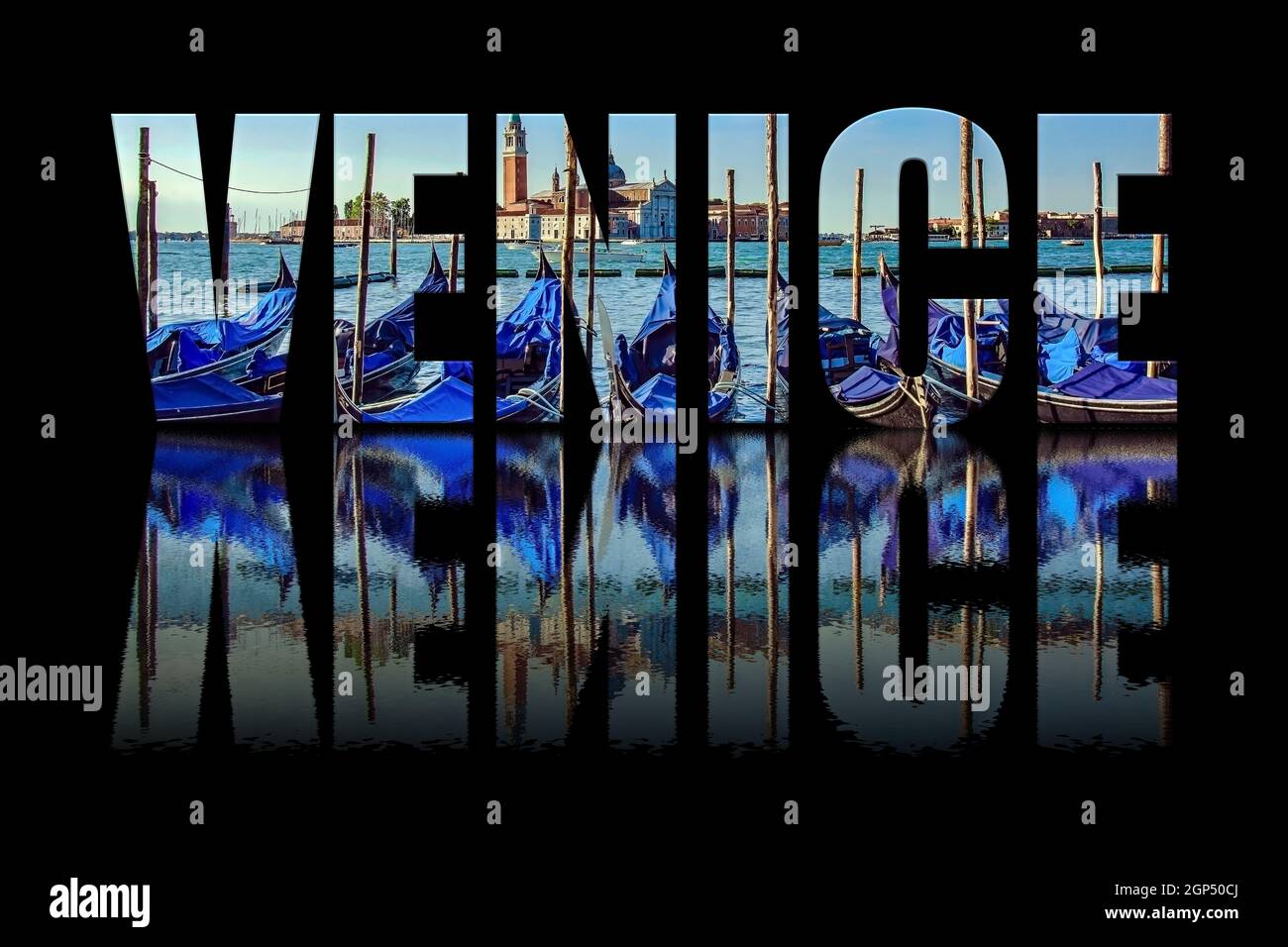 Venice text composed of gondolas on black background with text ...