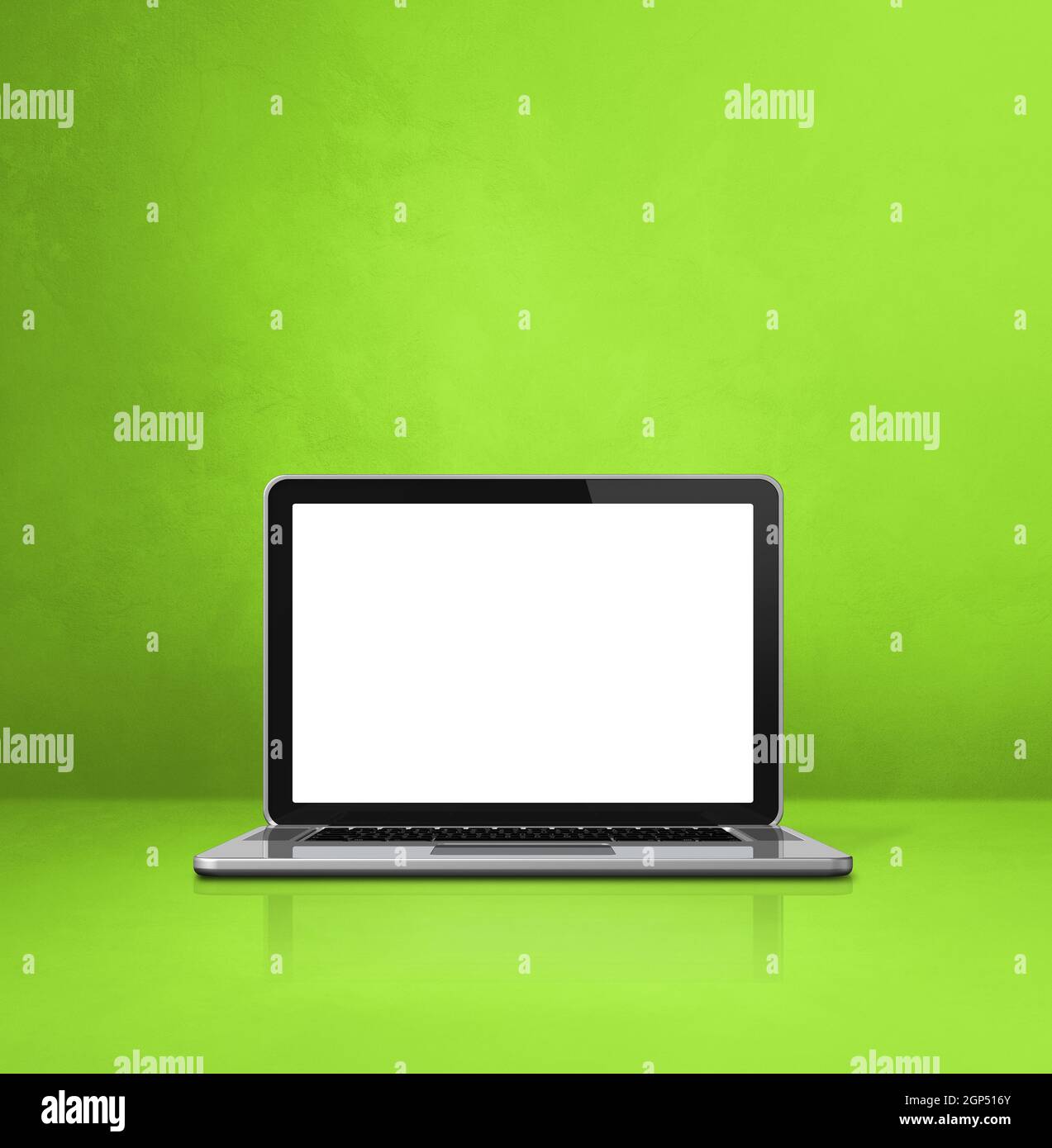 Laptop computer on green office scene background. 3D Illustration Stock ...