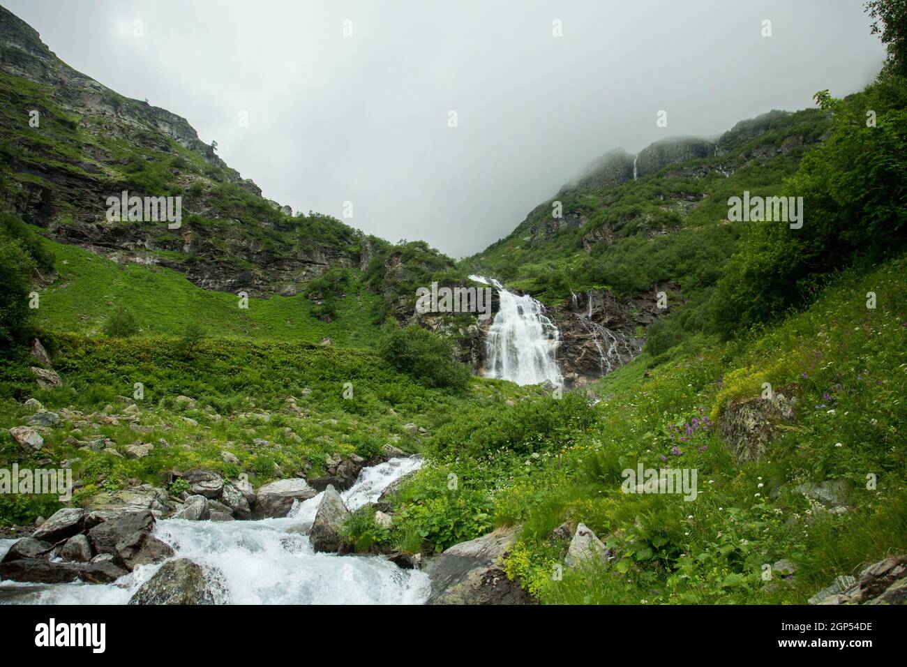 Beautiful mountain waterfall in reserve. Mountain landscape. concept ...