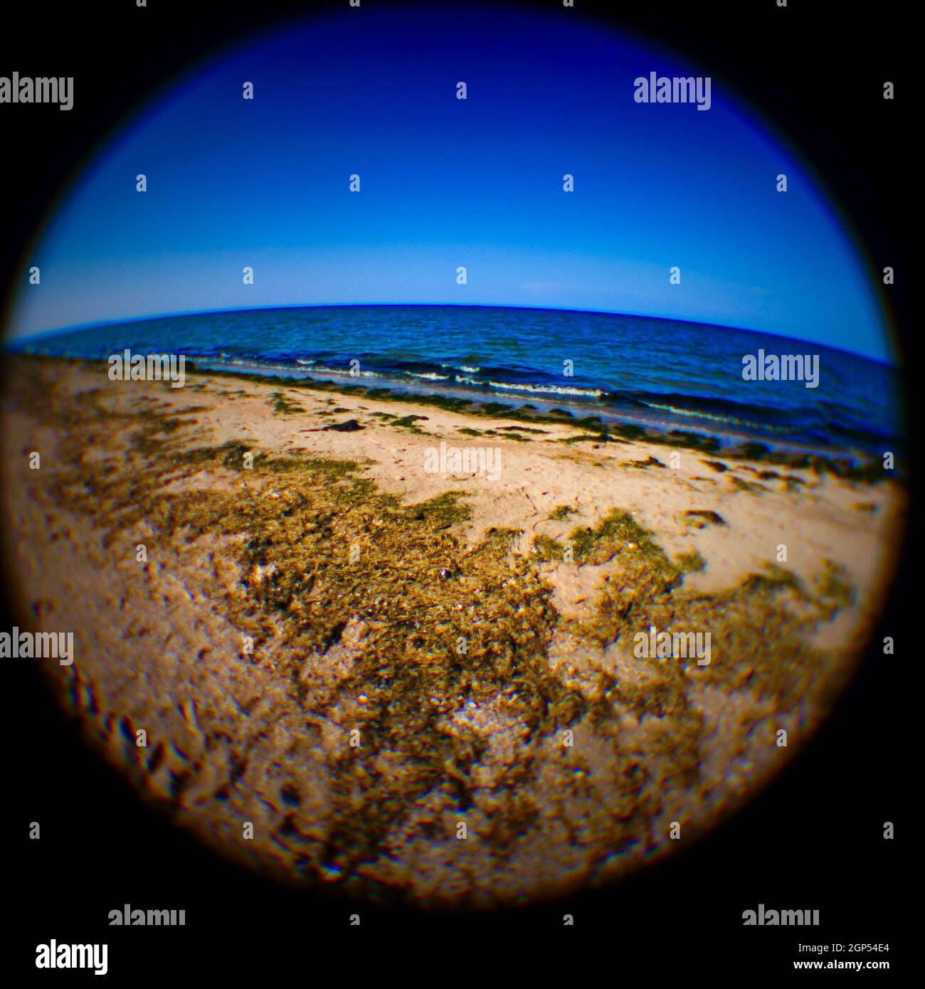 Sandbeach seen through a toy fish-eye lens, Normandy, France Stock ...