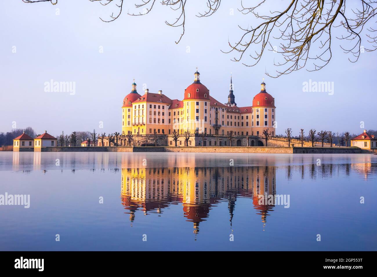 sunrise view in winter on Moritzburg castle named after Duke Moritz of ...