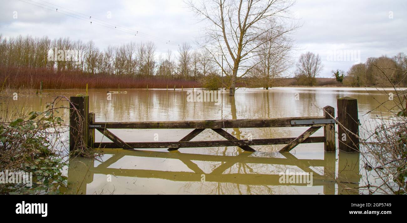 Flood water in fields, UK countryside, 2021. Climate change, extreme ...