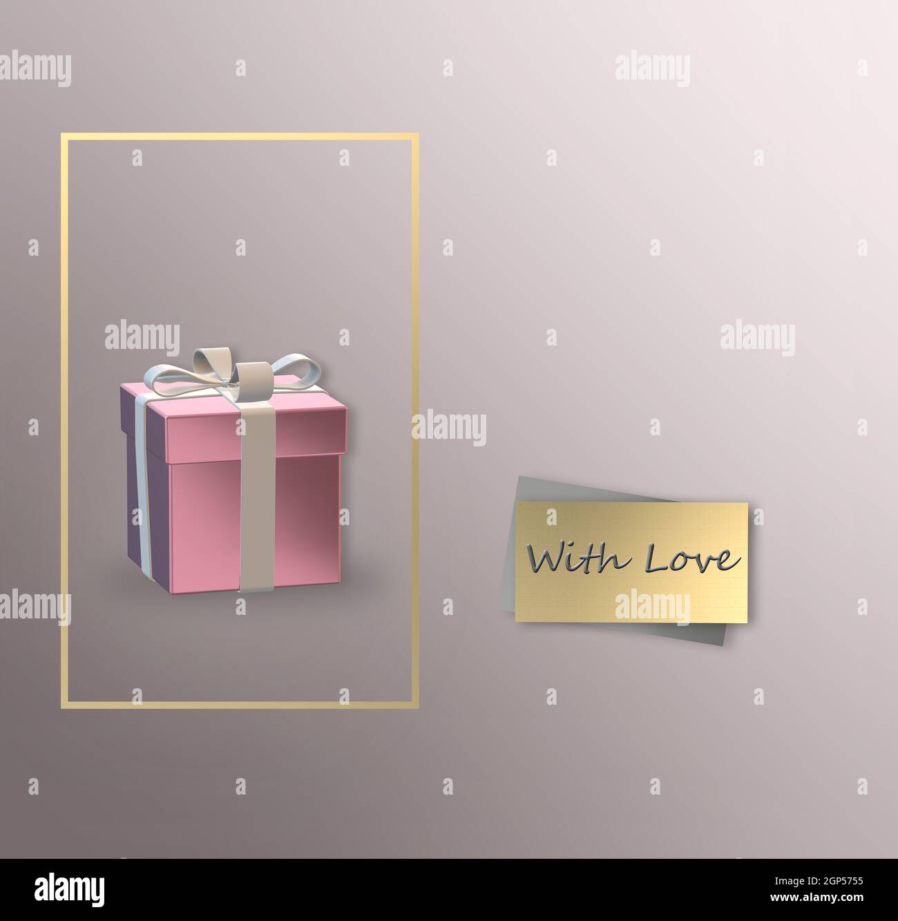 Gift box, text with love. 3D realistic gift box with bow, gift tag on ...