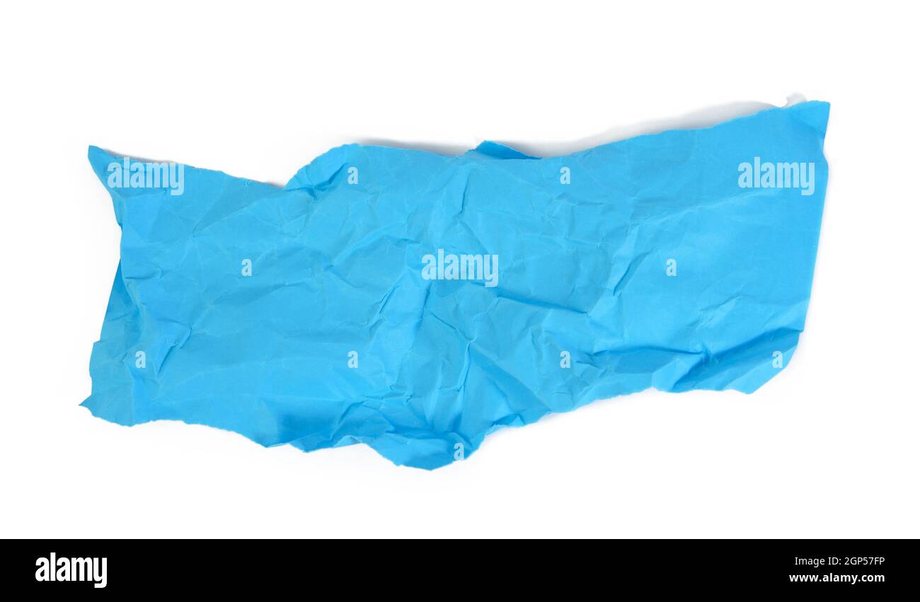 crumpled blue cardboard sheet of paper isolated on white background ...