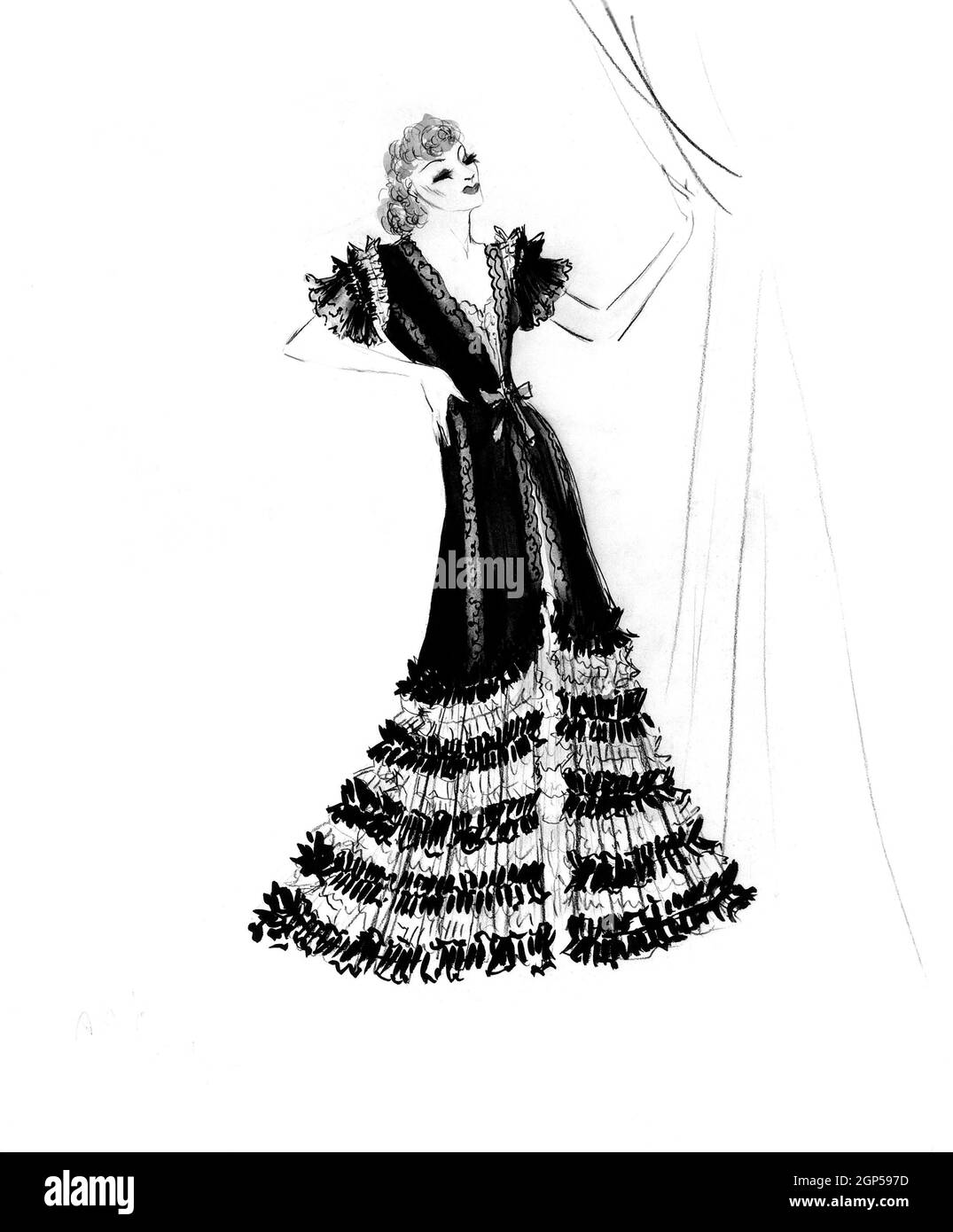 ZAZA, costume sketch for Claudette Colbert of a ca. 1890s black chiffon ...