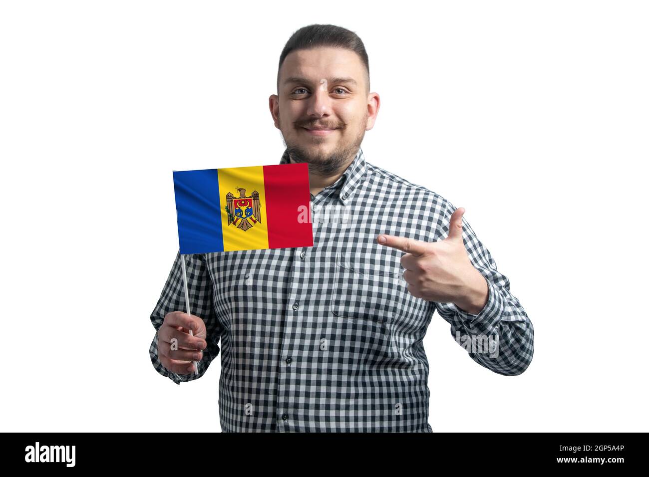 White guy holding a flag of Moldova and points the finger of the other ...