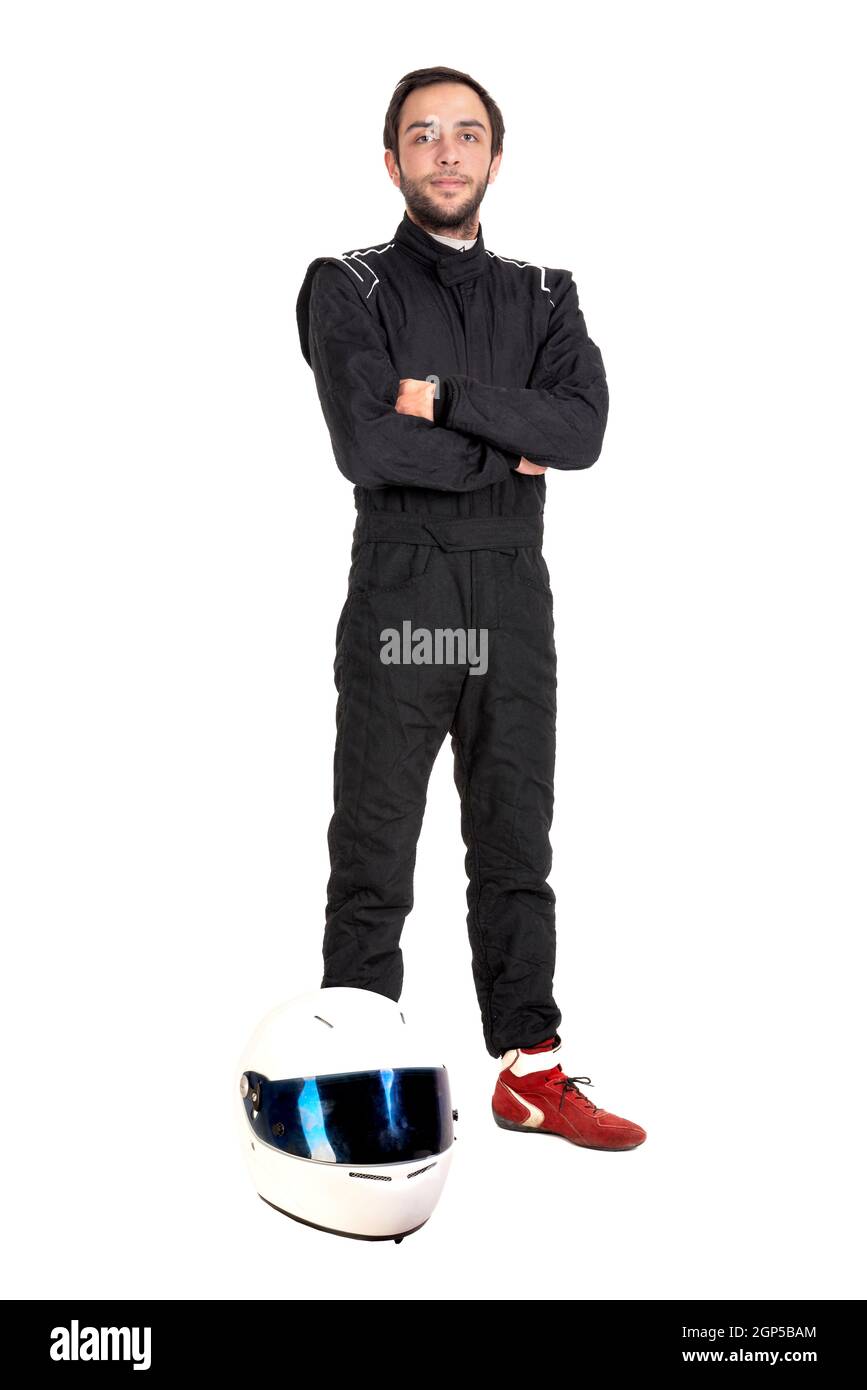 Racing driver posing with helmet isolated in white Stock Photo - Alamy