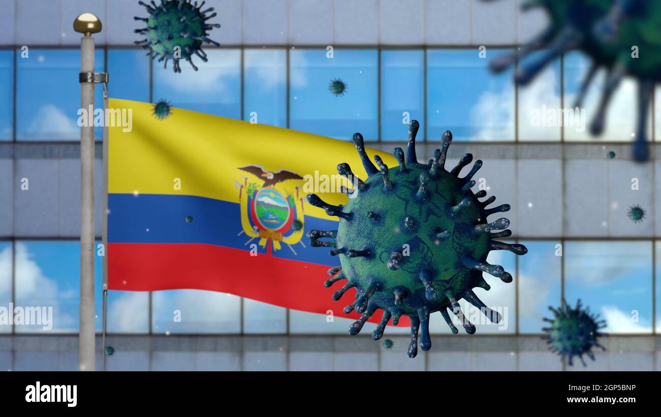 3D, Ecuadorian flag waving with modern skyscraper city and Coronavirus ...