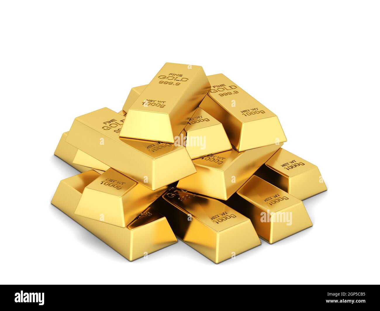 Stack of golden ingots. 3d illustration isolated on white background ...
