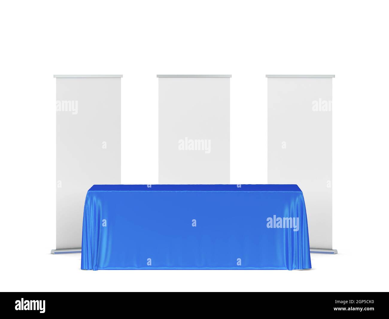 Blank tradeshow tablecloth with roll-up banners aside. 3d illustration ...