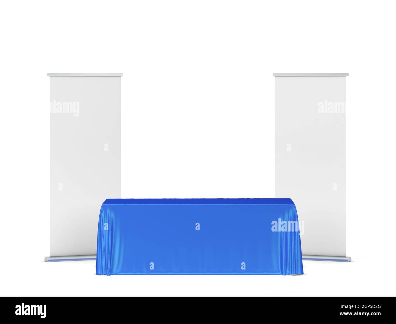 Blank tradeshow tablecloth with roll-up banners aside. 3d illustration ...