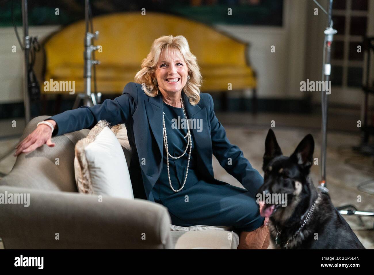 First Lady Jill Biden and the Biden family dog, Major, before taping a ...