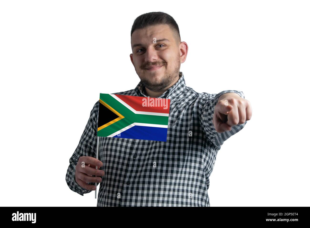 White guy holding a flag of South African Republic and points forward ...
