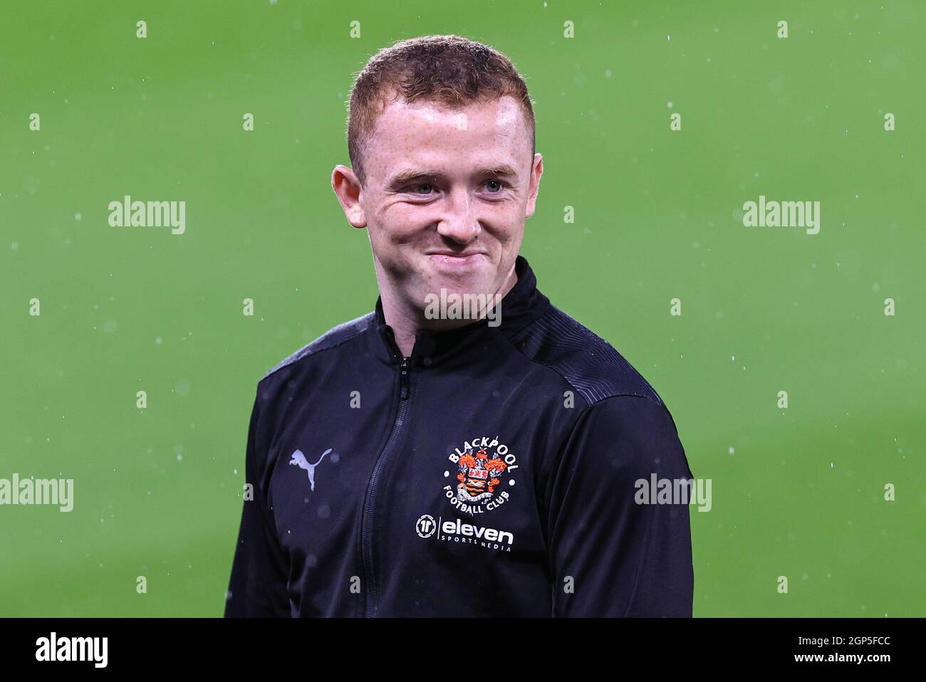 Hull, UK. 28th Sep, 2021. Shayne Lavery #19 of Blackpool arrives at the ...