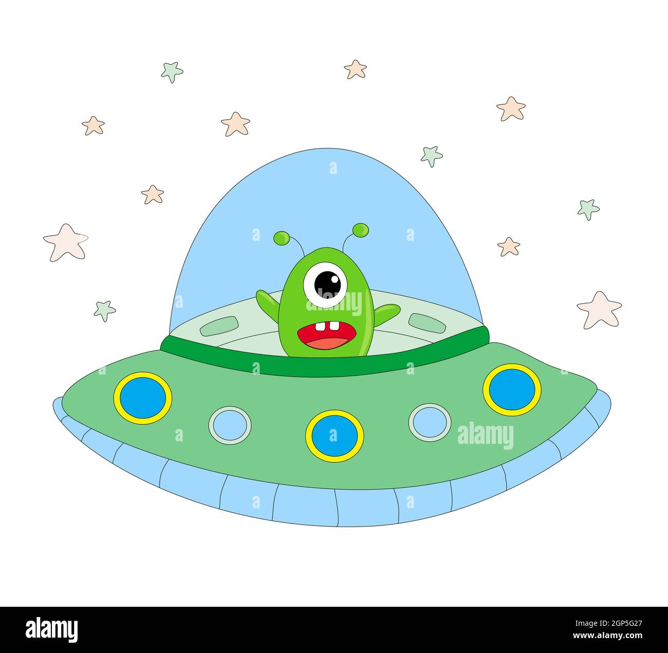 funny alien in a spaceship - isolated illustration Stock Photo - Alamy