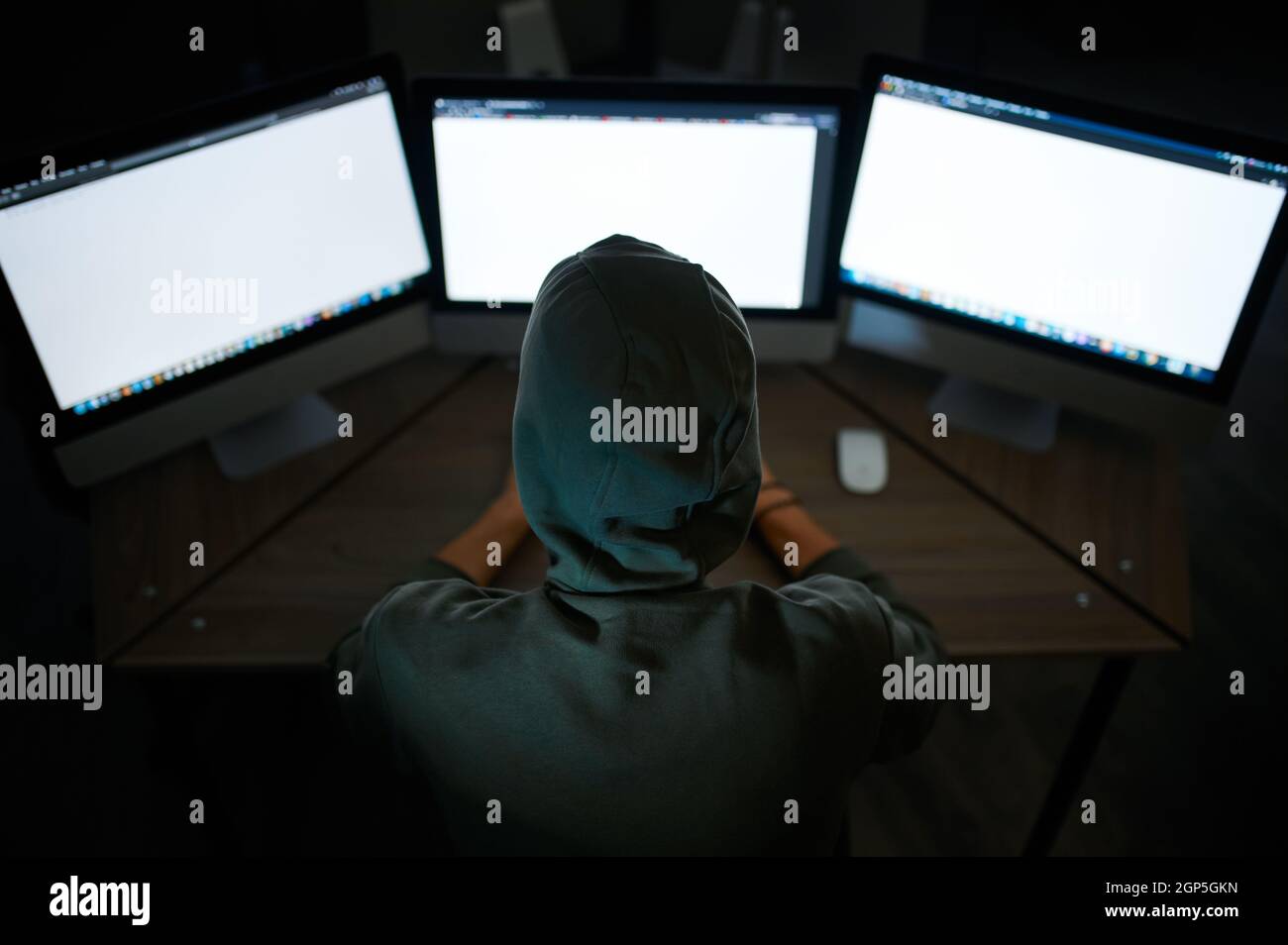 Male internet hacker in hood sitting at monitors, back view. Illegal ...