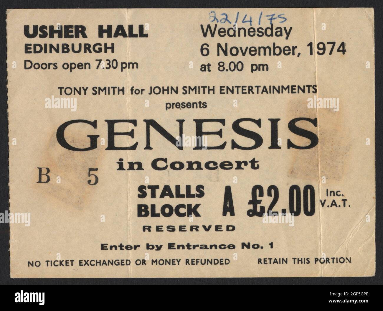 Genesis Edinburgh ticket Lamb Lies Down tour. Loaned by Paul Davis ...