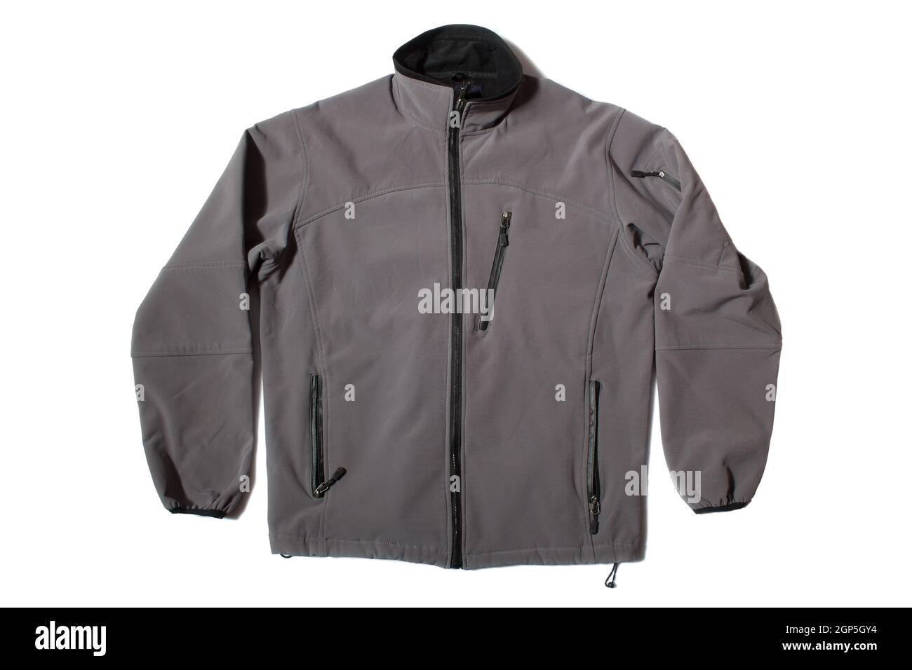 Grey Hiking Softshell jacket on white background Stock Photo - Alamy