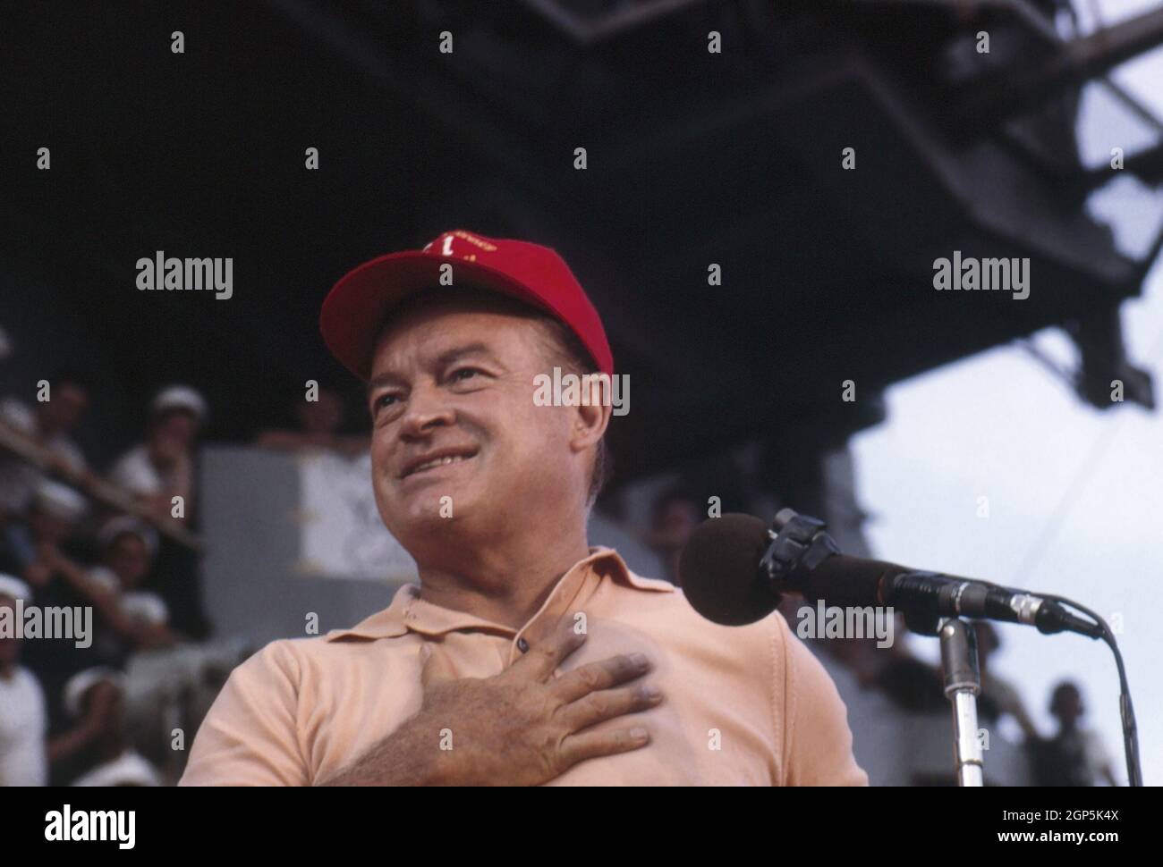 Bob Hope on the USS Ticeronderoga, off the coast of Vietnam during USO ...