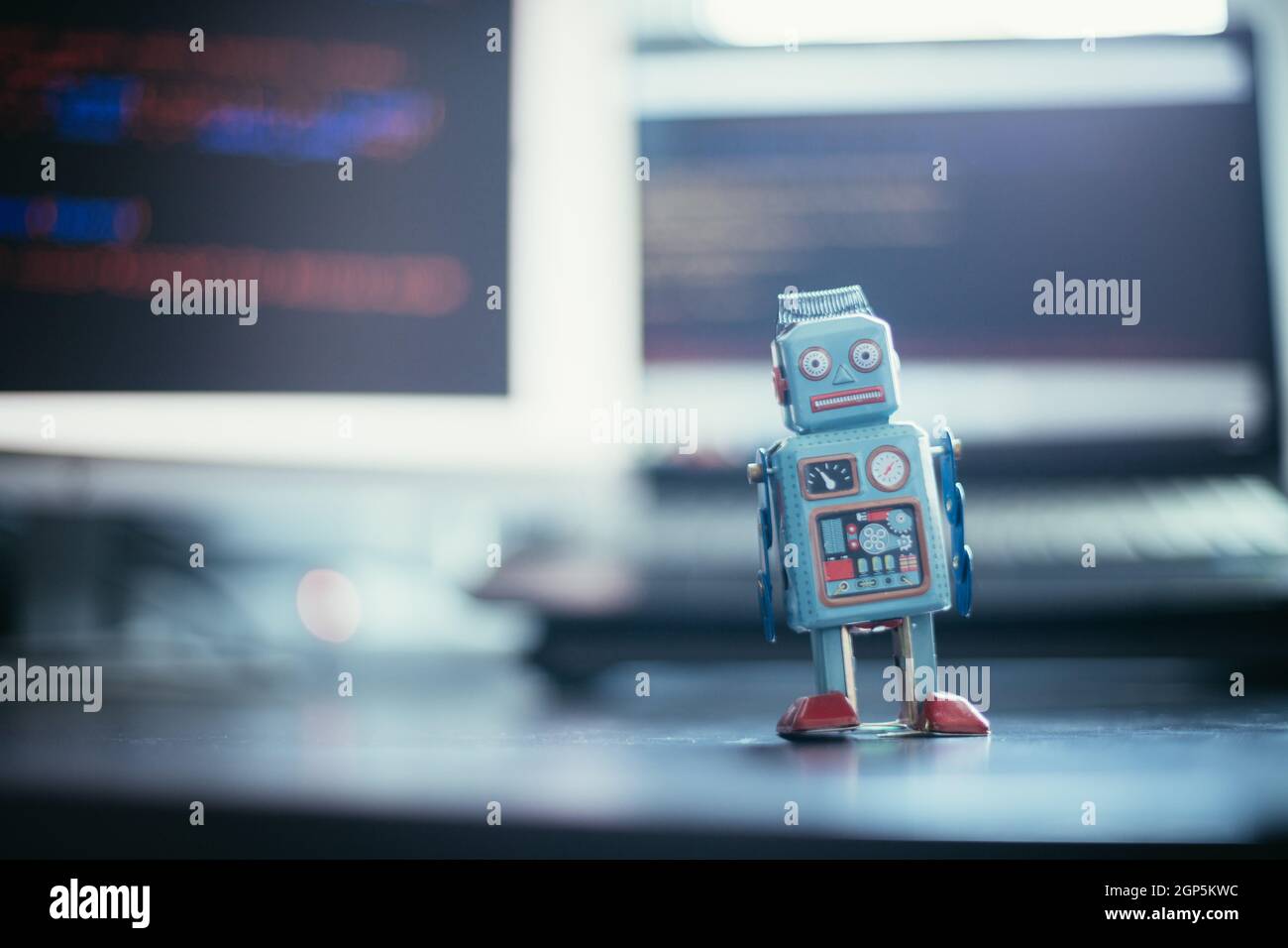Symbol for a chatbot or social bot and algorithms, program code in the background Stock Photo ...