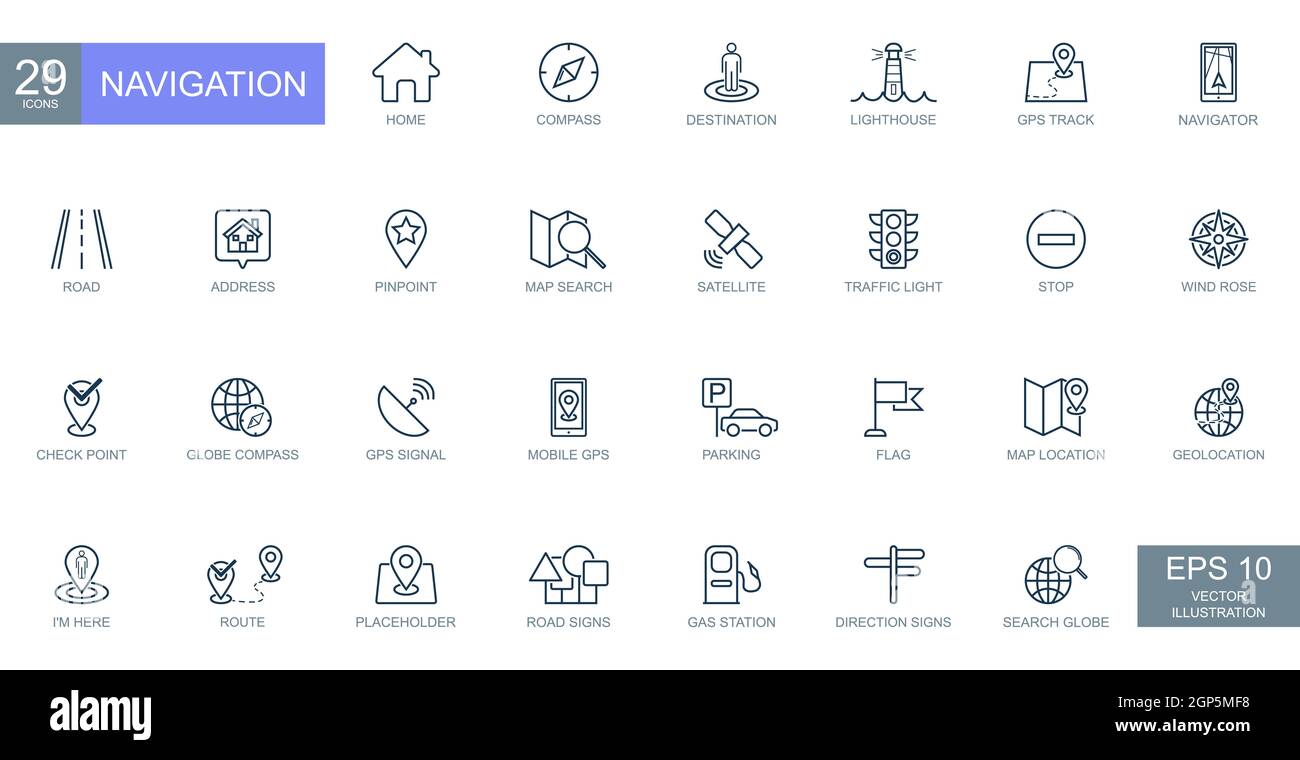 Navigation, location, GPS elements - thin line web icons set. Vector illustration Stock Photo ...