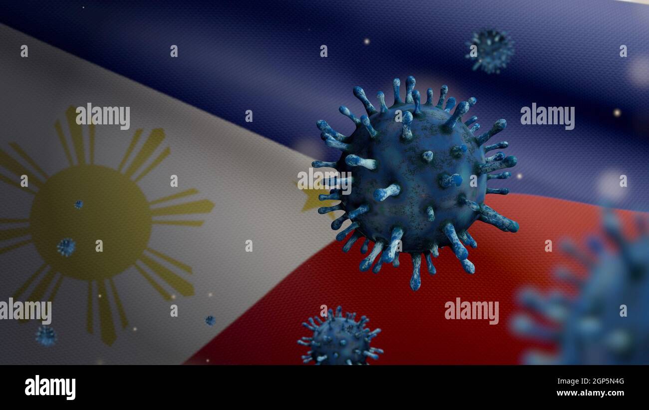 3D, Flu coronavirus floating over Philippin flag, a pathogen that ...