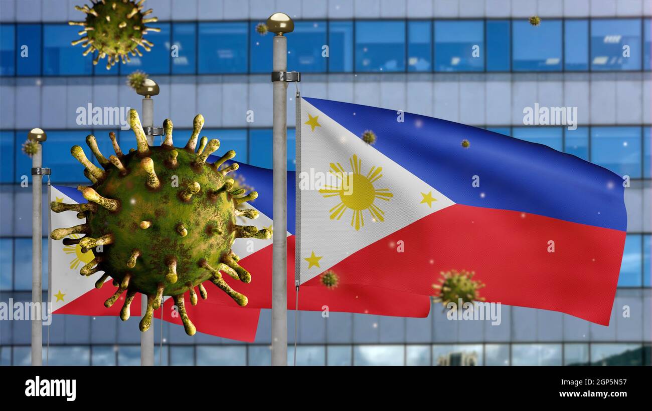 3D, Flu coronavirus floating over Philippin flag with modern skyscraper ...