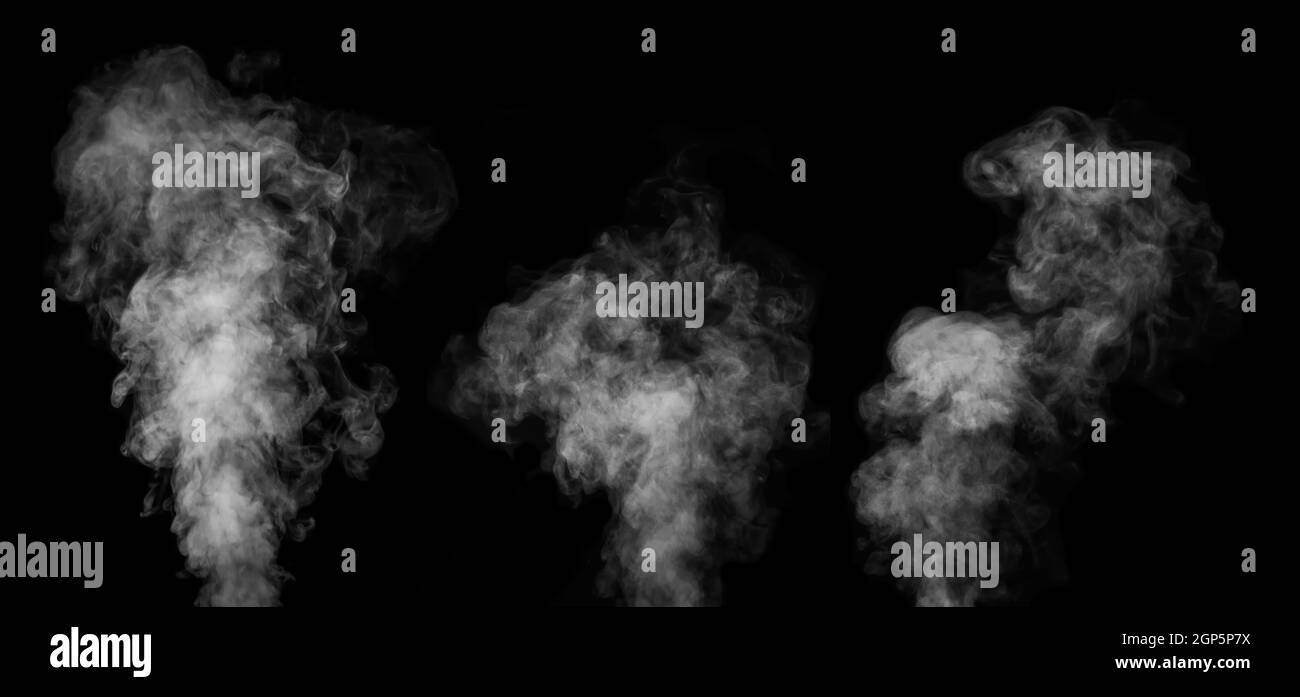 A set of three different white fumes, smoke on a black background to ...