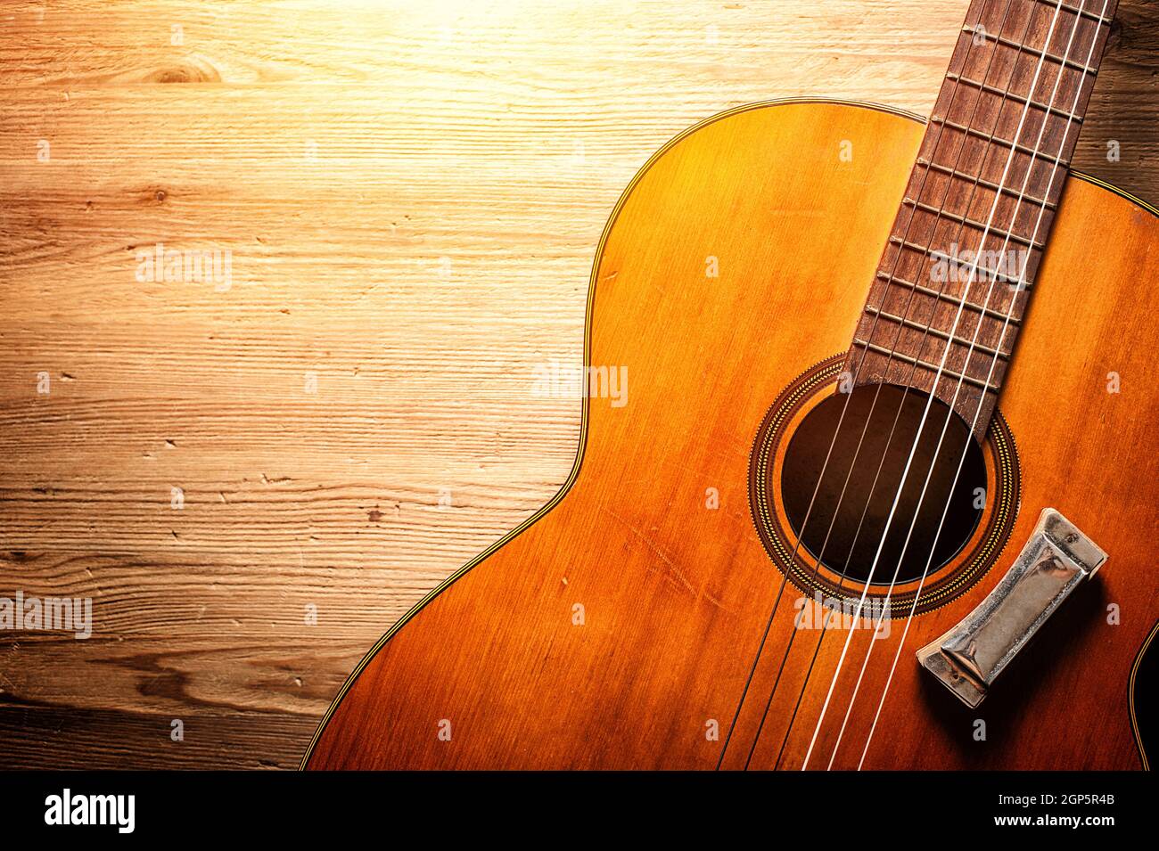 closeup classical guitar with harmonica over wood background Stock ...