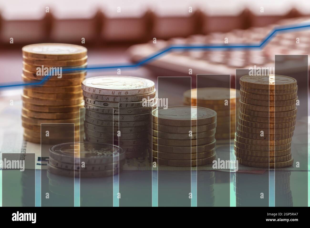 Euro coins in stacks with history chart and bar graph. Presentation for ...