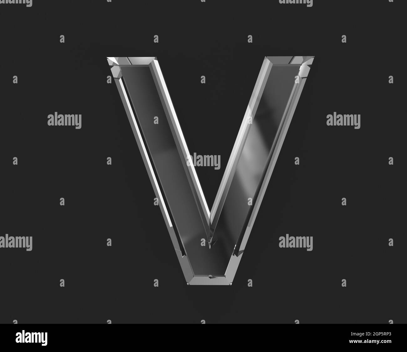 White shiny glass made clear font - letter V isolated on dark ...