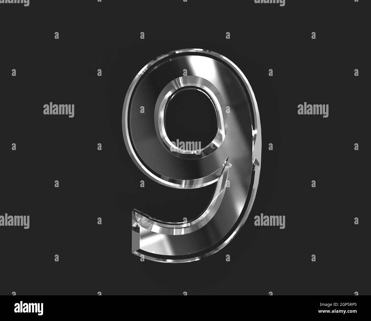 White glossy reflective crystal alphabet - number 9 isolated on dark ...