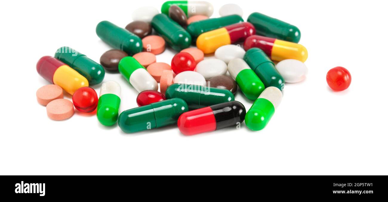 Assorted pharmaceutical medicine pills, tablets and capsules isolated ...