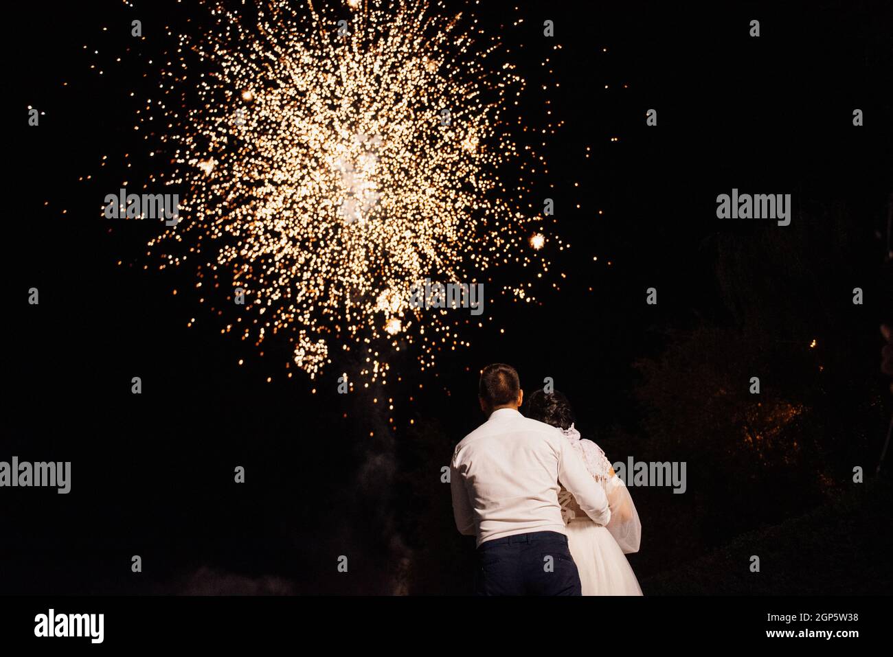 light night fire show on the background of the night sky with newlyweds ...