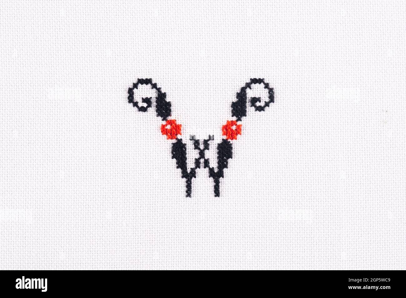 Letter W of Embroidered Cross - Stitch Latin Alphabet on White Linen ...