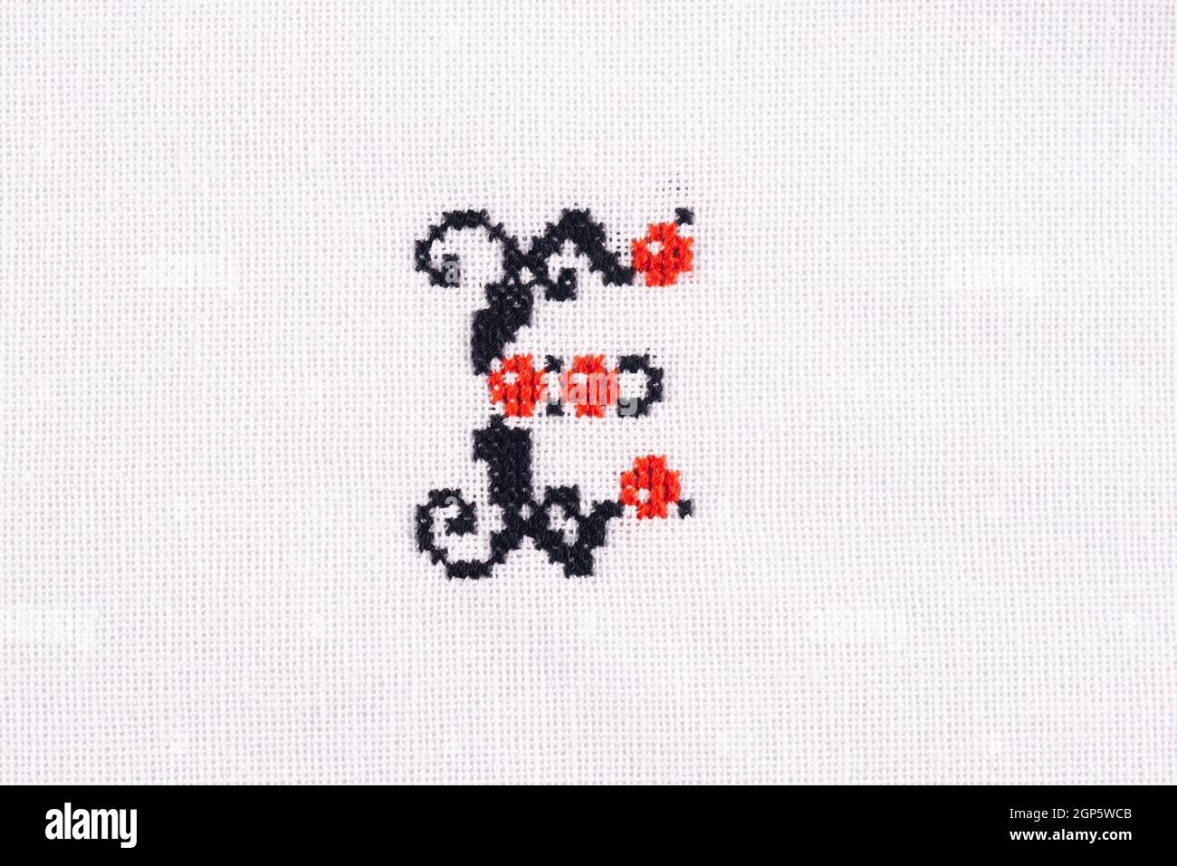 Letter E of Embroidered Cross - Stitch Latin Alphabet on White Linen ...