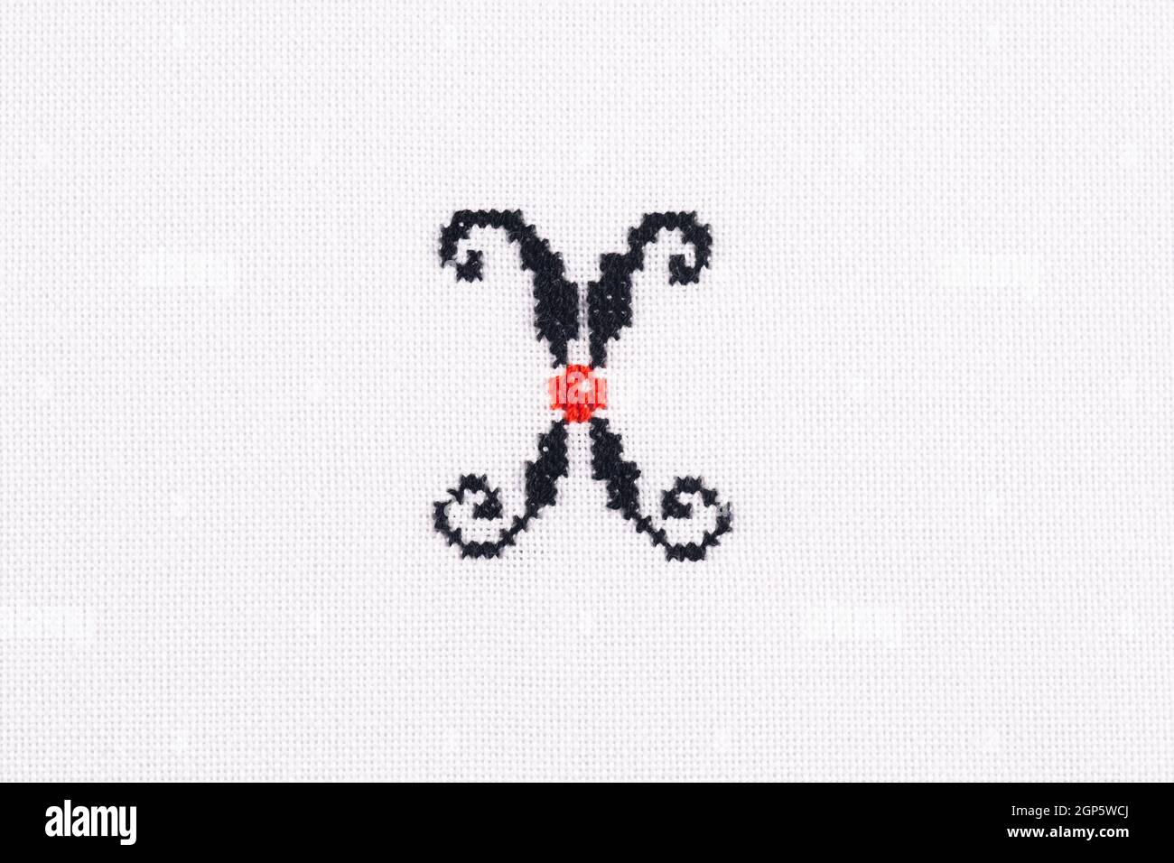 Letter X of Embroidered Cross - Stitch Latin Alphabet on White Linen ...