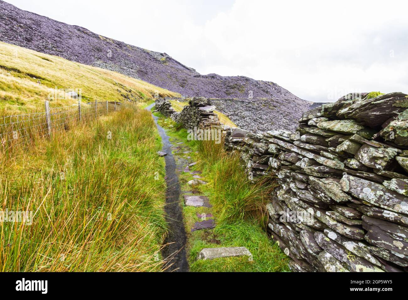 Snowdonia path flooded after rain, leading to slate quarry. Upland ...