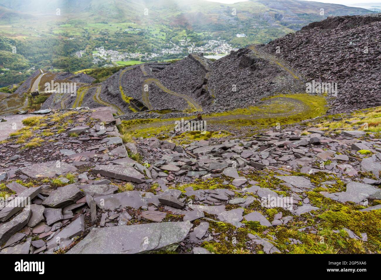 View from the top of Dinorwic or Dinorwig Slate Quarry towards town of ...