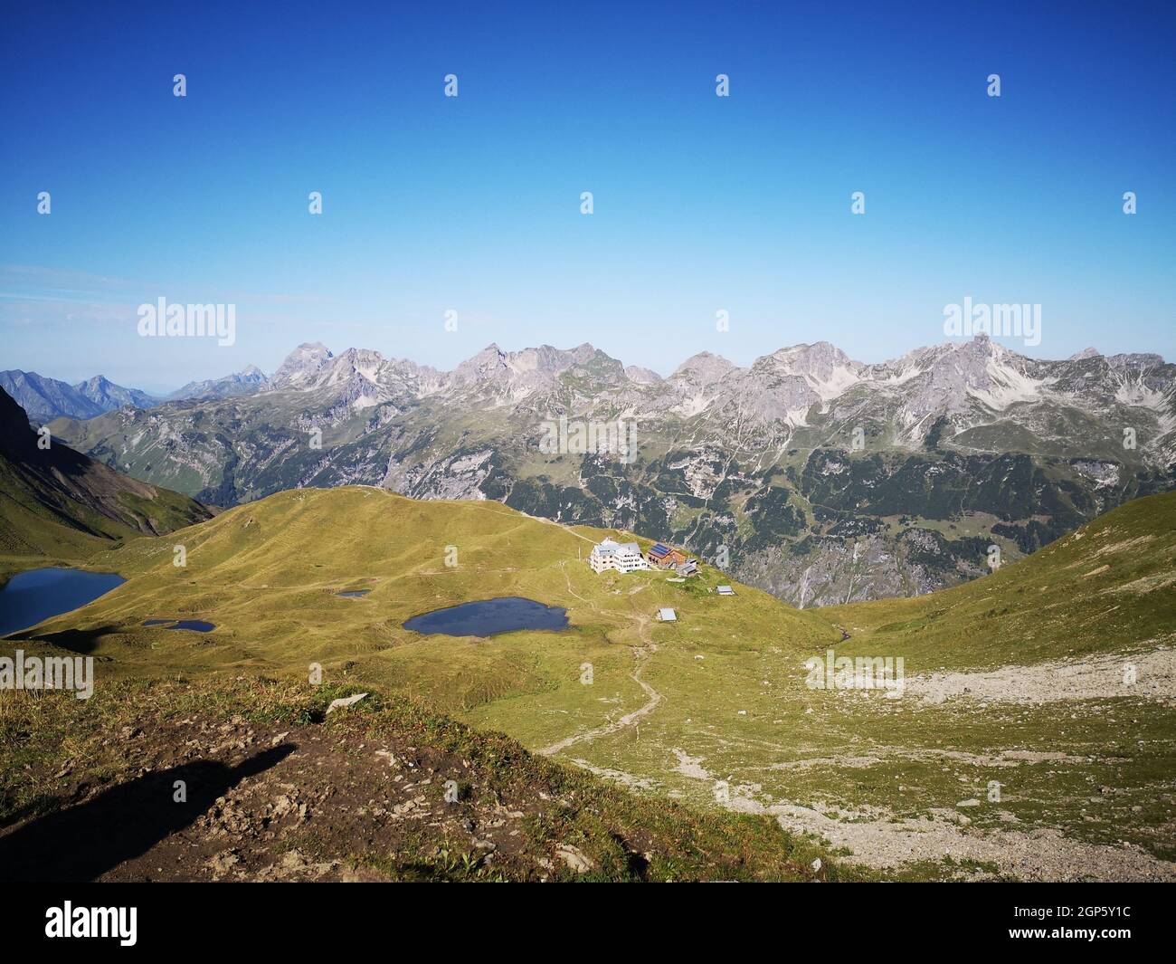 Aerial shot of the Allgau Alps with the Little and Great Rappensee ...