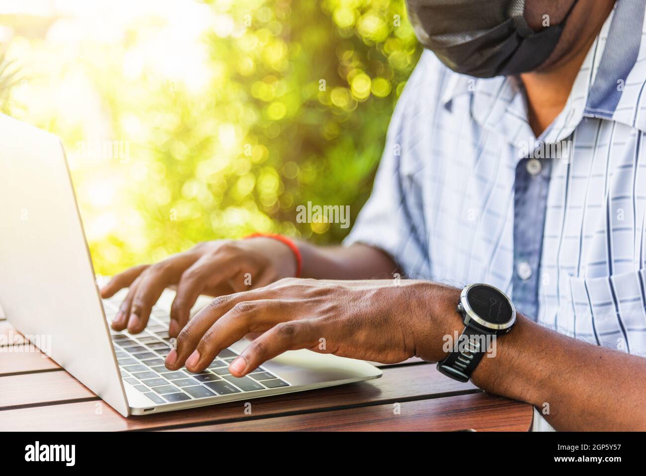 Happy Asian black businessman person or office worker wear face mask ...