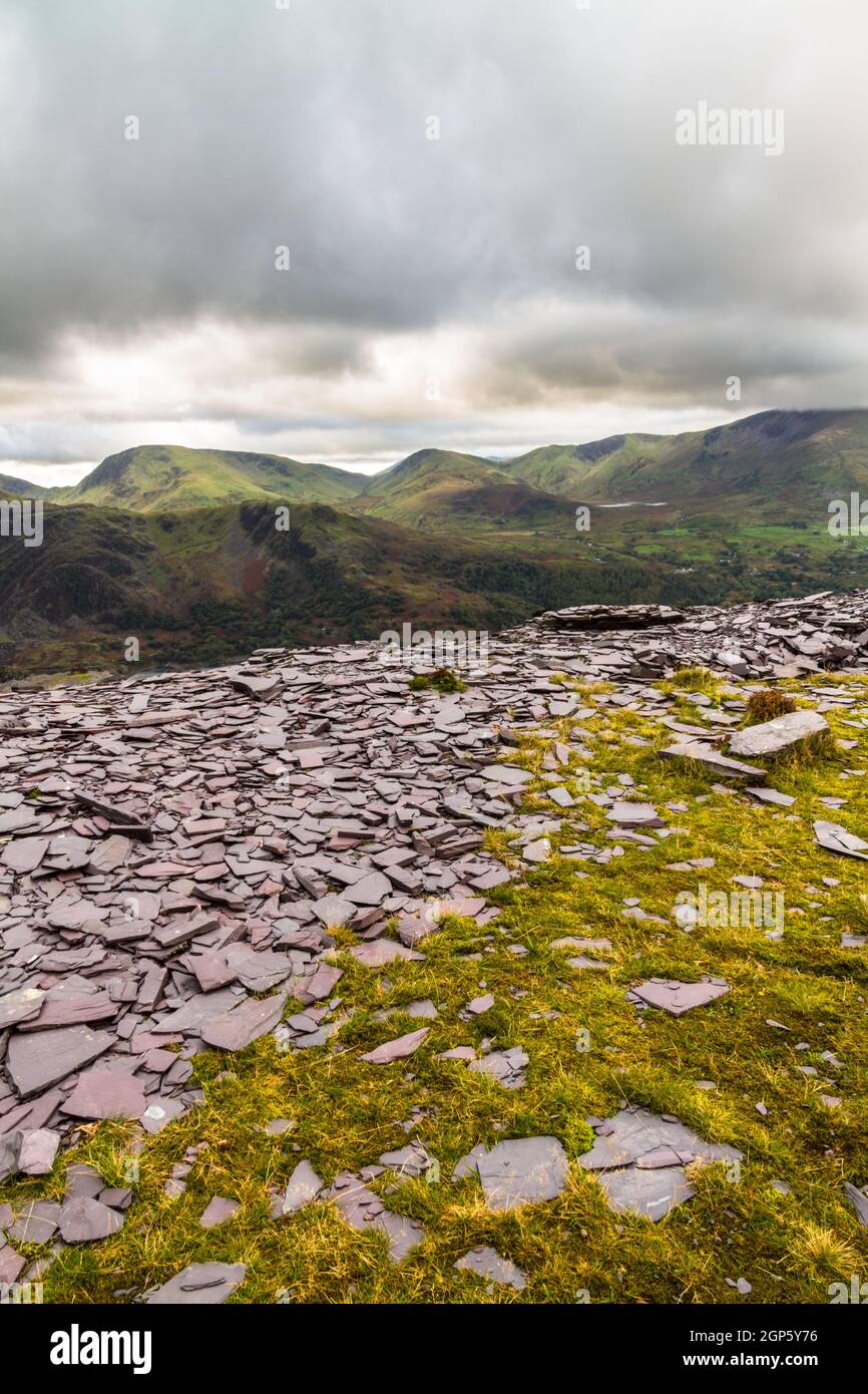 Dinorwic or Dinorwig Slate quarry, Snowdonia Mountains in background ...