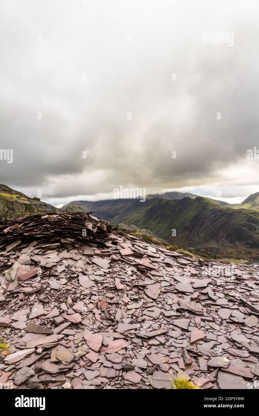 Dinorwic or Dinorwig Slate quarry, Snowdonia Mountains in background ...