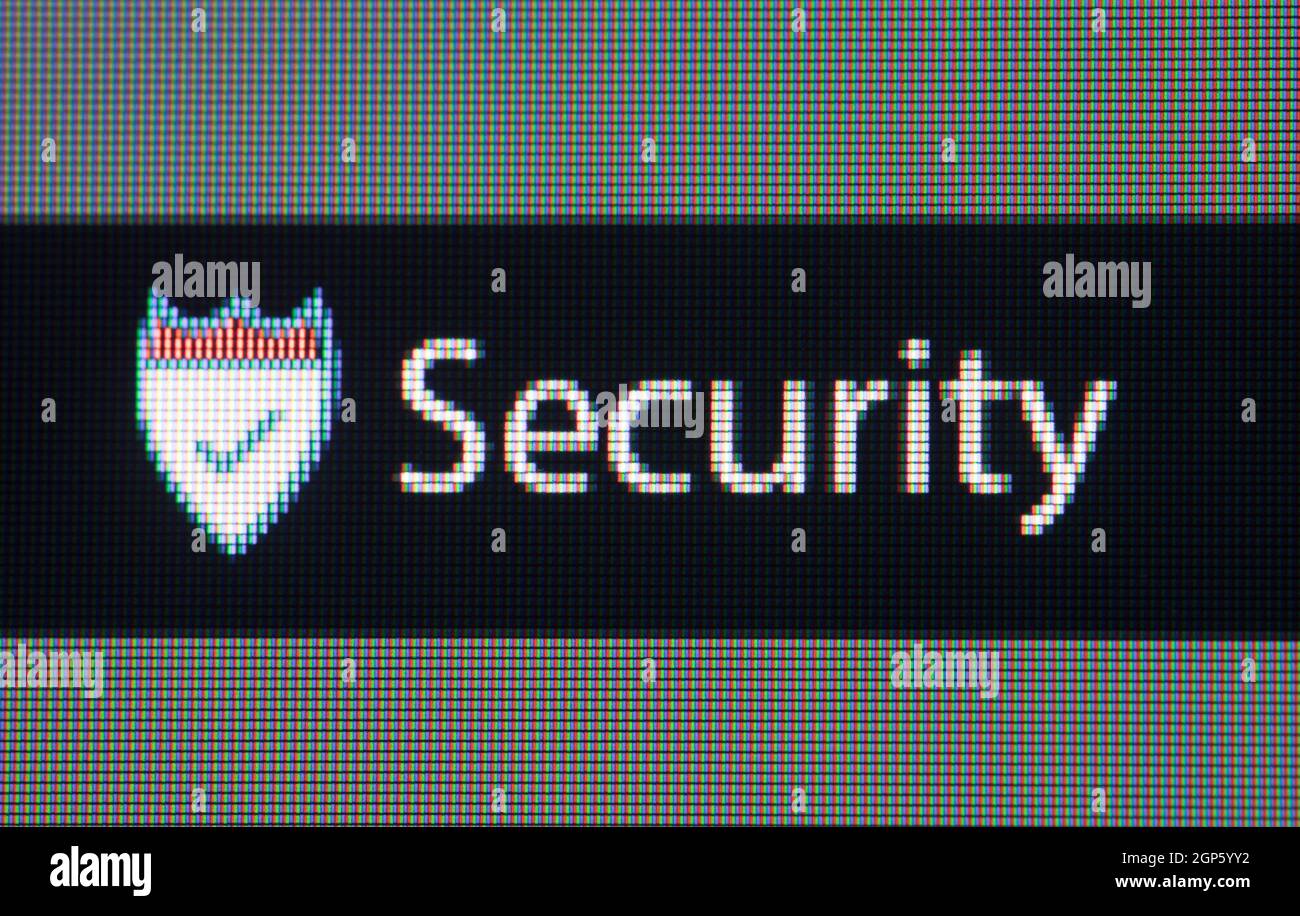 Close up of security symbol on a computer screen. Anti-virus software ...
